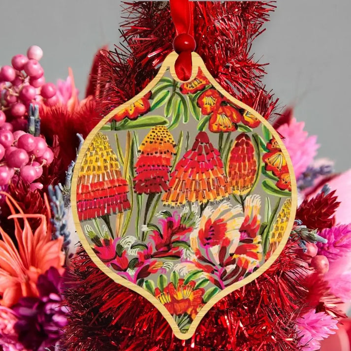 Red Hot Pokers Wooden Christmas Bauble | Eco-Friendly Ornament by Kirsten Katz