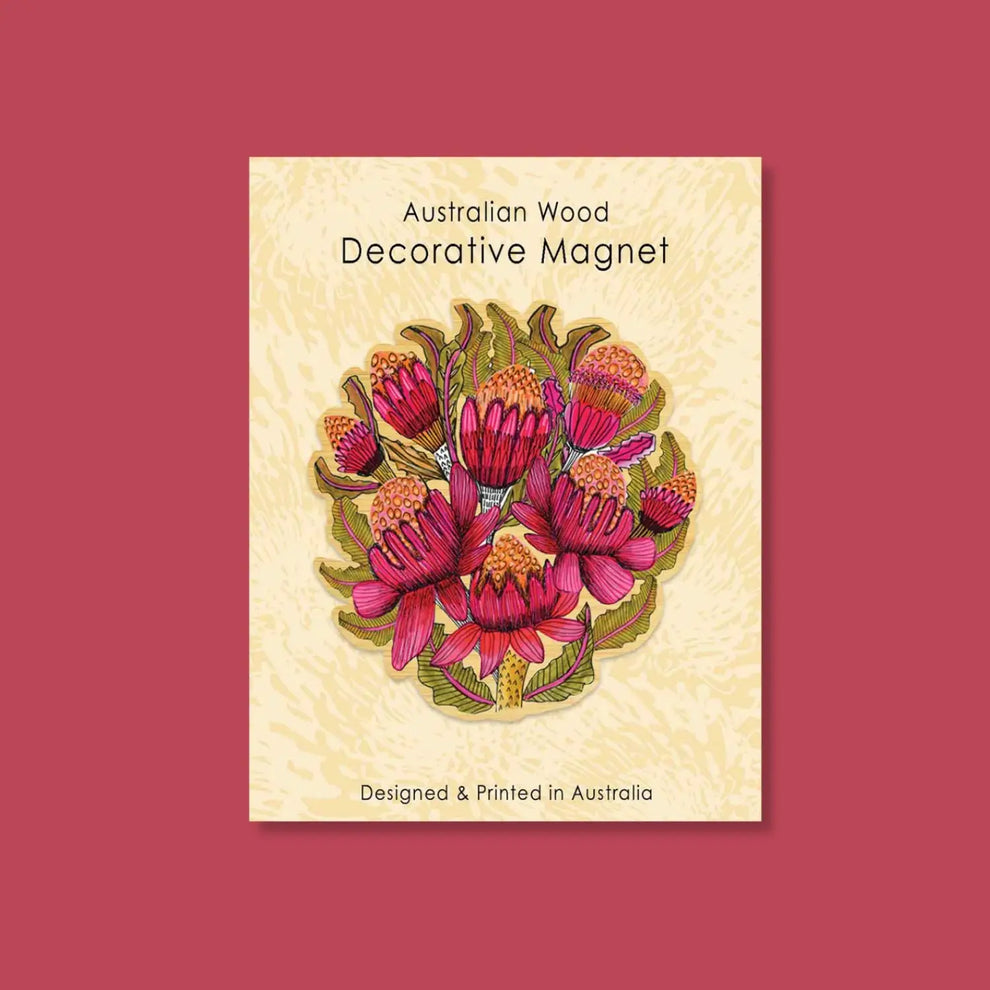 Decorative Wooden Magnet – Waratah Flowers | Australian Native Bloom – Kirsten Katz