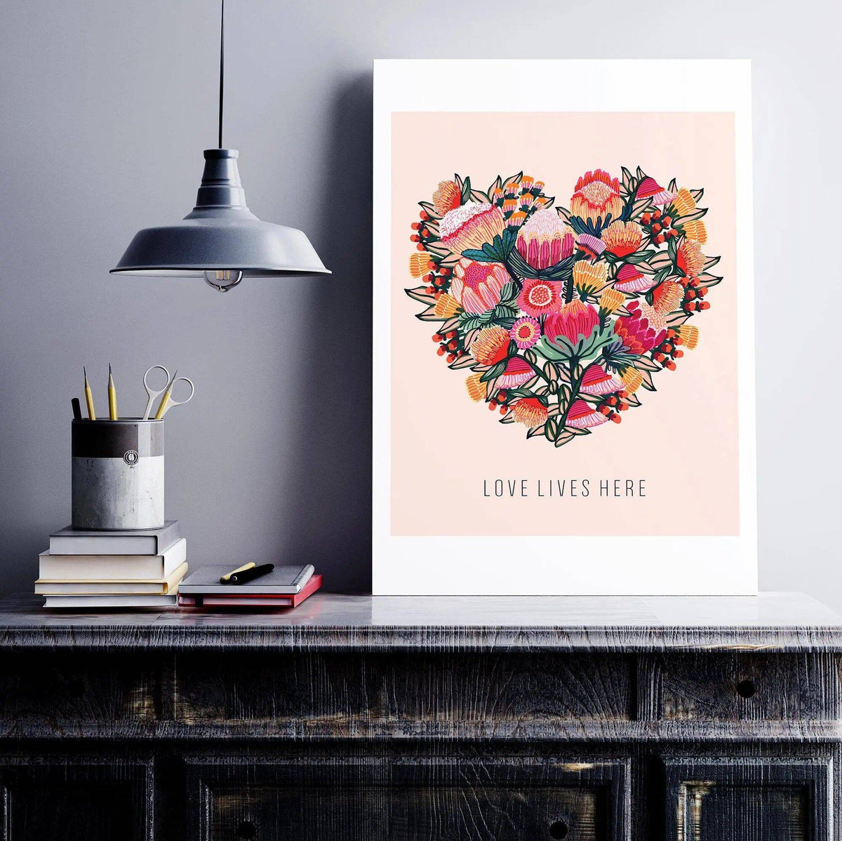 Love Lives Here Floral Heart Art Print - Kirsten Katz